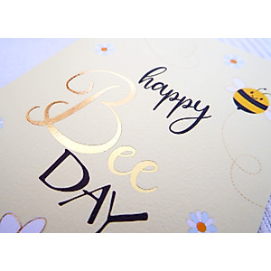 Birthday Card - Single Happy Bee Day Birthday Greeting Card For Bee Themed Party - Gold Foil Bees and Lettering on Yellow Textured Paper with Kraft Envelope - 5" x 7" - Blank Inside