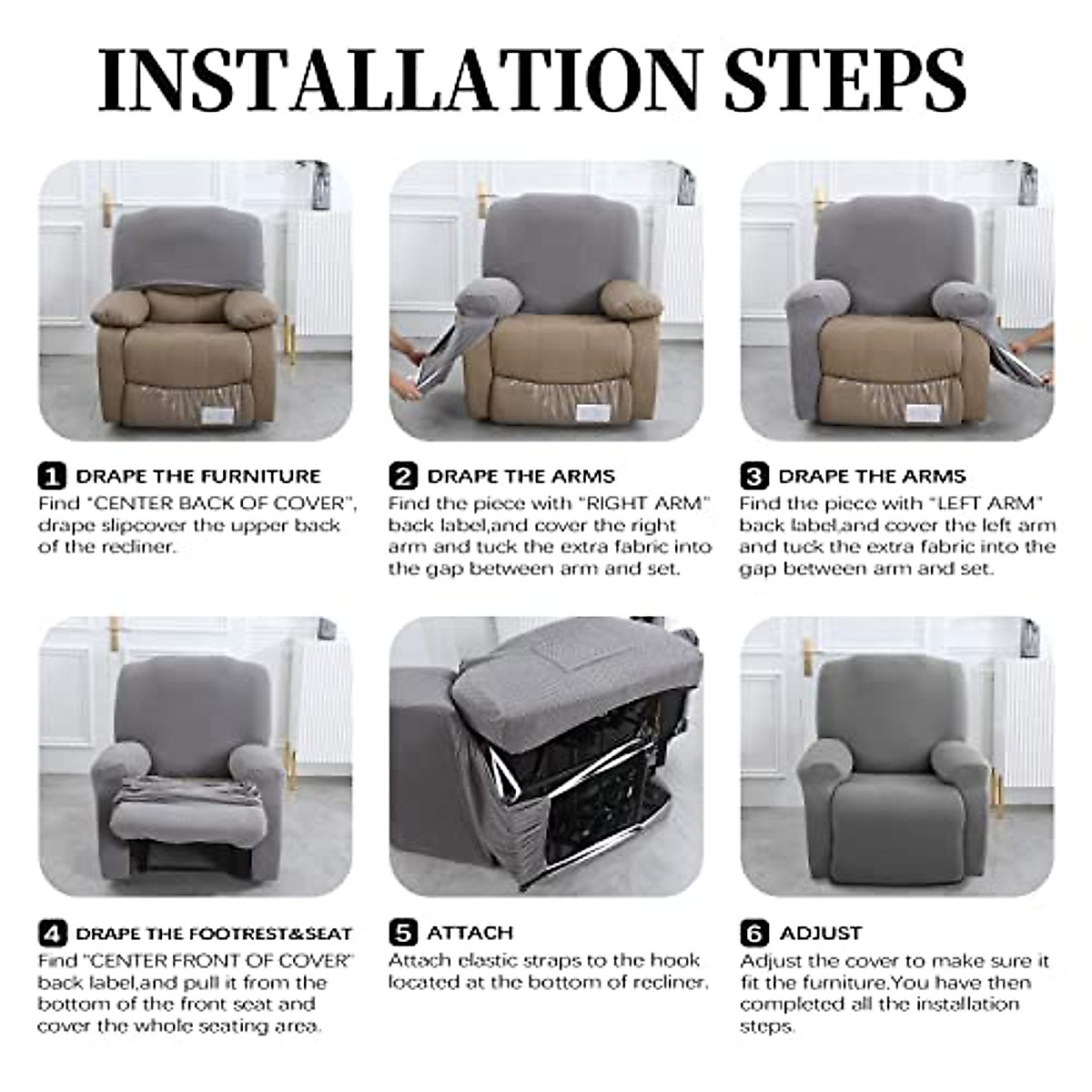 FIGOOO Recliner Sofa Slipcover 4-Piece Stretch Recliner Chair Covers Non Slip Spandex Pattern Recliner Cover with Pockets Reclining Couch Covers Furniture Protector for Dogs Cats(Gray Plaid,1 Seater)