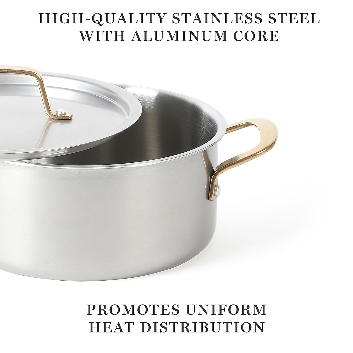 MARTHA STEWART Vintage 18/8 Triply Stainless Steel 12 Piece Cookware Set w/Gold Handles