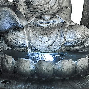 PeterIvan Buddha Fountain - 11in Buddha Tabletop Water Fountain for Home&Office Decoration, Decorative Sculpture with LED Light&Circular Water Flow for Good Luck Keeping (Grey, 11inch)