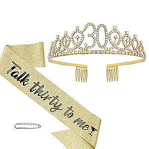 AOPRIE Birthday Crown for Women 30 Talk Thirty To Me Birthday Sash for Women Girls Gold Birthday Tiara 30th Birthday Gifts Her Him Decoration for Women Princess Crown Rhinestone Headband Happy Birthday Accessories