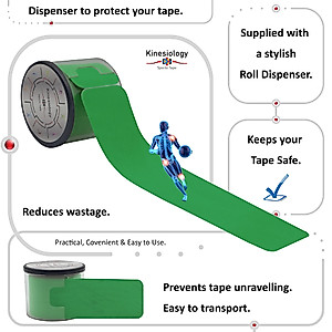 Kinesiology Tape Precut with Dispenser - Synthetic Sports Muscle Tape - Green - 5m Roll - 20 Strips - Physiotherapy Tape for Face, Neck, Shoulder, Back, Elbow, Wrist, Knee, Calf & Ankle