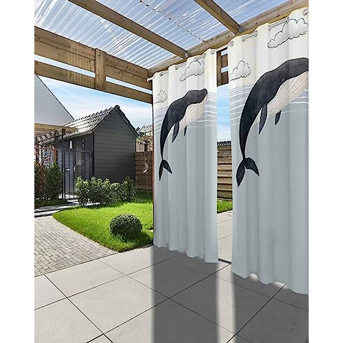 Outdoor Curtains for Patio Cartoon Whale Under the Sea and Clouds Waterproof Privacy Outside Curtains with Tiebacks Grommet Top Pergola Curtains for Porch Cabana Gazebo 2 Panels, 54 x 108 inch