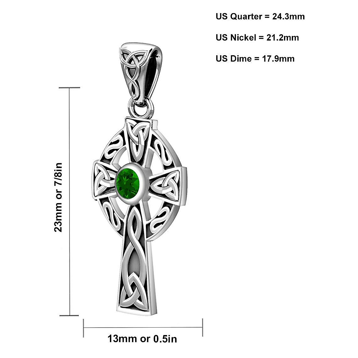 US Jewels Small 925 Sterling Silver Simulated Emerald May Birthstone Celtic Knot Cross Pendant, 23mm