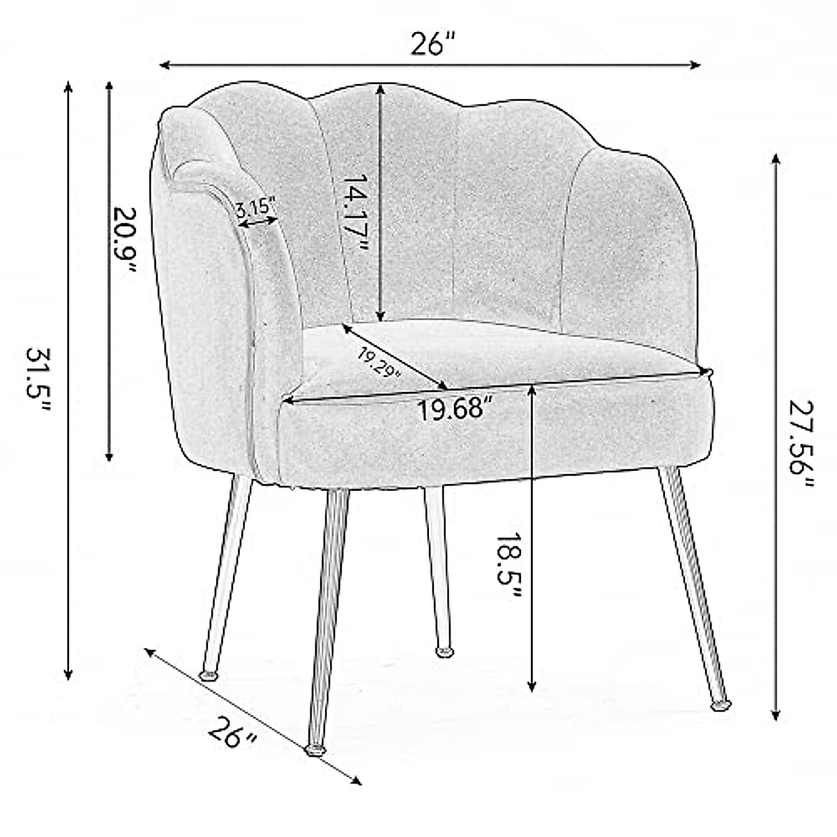 Velvet Accent Chair, Modern Shell-Shaped Upholstered Armchair Barrel Chair with Golden Metal Legs, Comfy Single Sofa Chair with Mid-Back, Elegant Vanity Chair Dining Chair for Living Room, Yellow