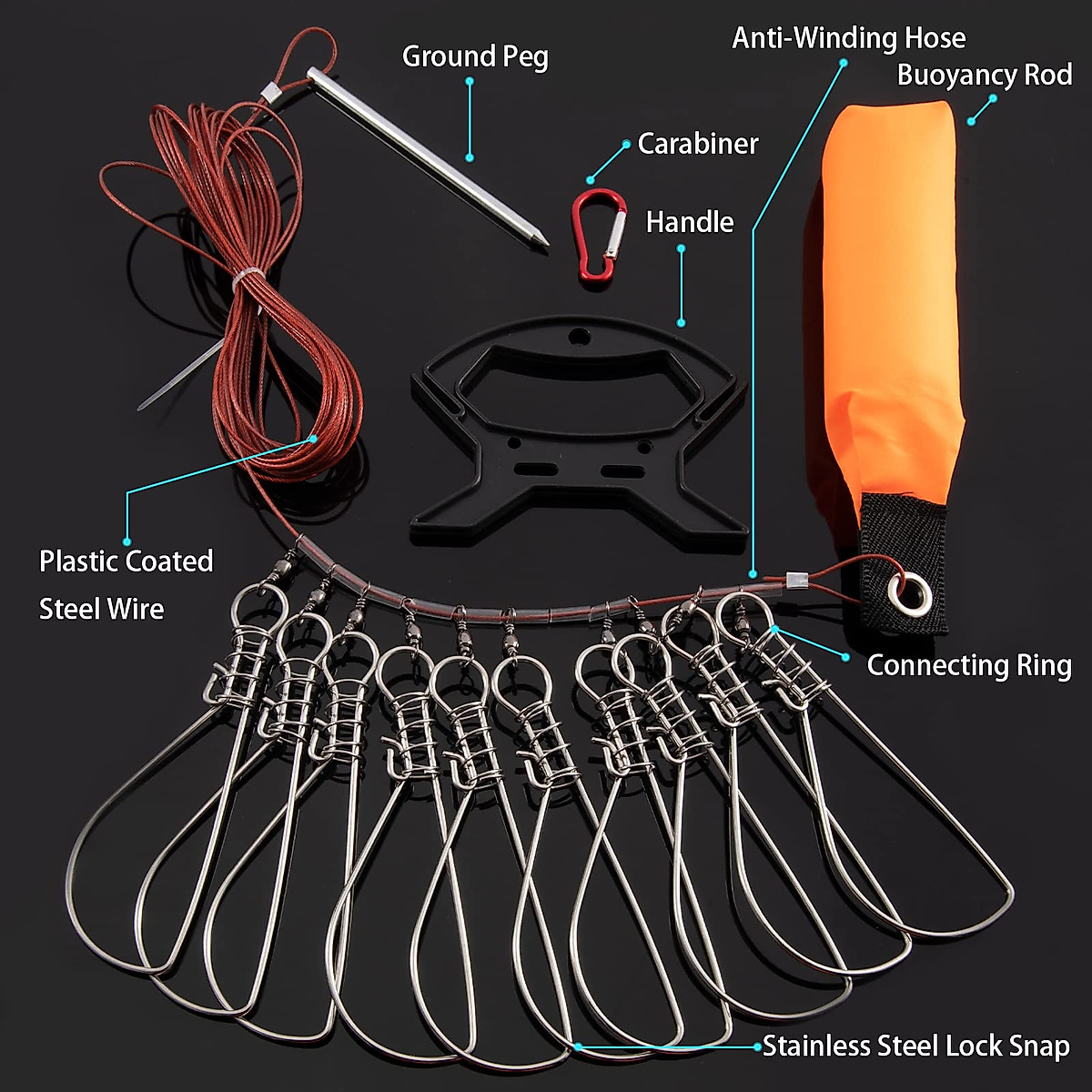 Goture Fishing Stringer Live Fish Lock, Stainless Steel Fish Stringer Clip, Big Fish Wire Rope Cable with Float and Plastic Handle, Fishing Holder Kit with High Strength 10 Snaps/Buckles