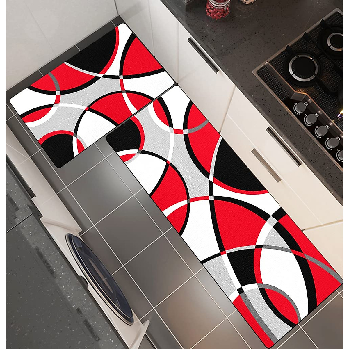 Red Grey Black White Abstract Art Kitchen Rugs and Mats Set of 2 Anti-Fatigue Cushioned Kitchen Floor Mat Non-Slip Backing Washable Kitchen Rugs Set for Home Office Laundry