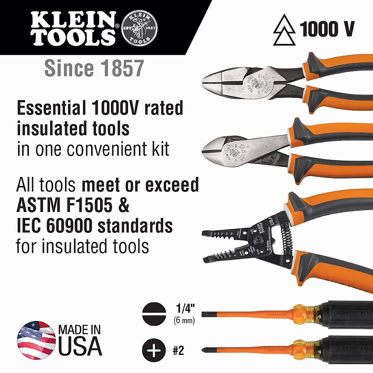 Klein Tools 94130 1000V Insulated Screwdriver Tool Set with #2 Phillips and 1/4-Inch Cabinet Slim Tips, 2 Pliers and Wire Stripper