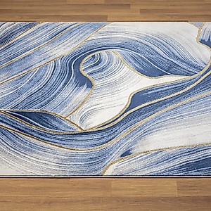 Abani Blue & Ivory Metallic Contemporary Ribbon Area Rug, Rugs Swirl Design Neutral Non-Shed 6' x 9' Bedroom Rug