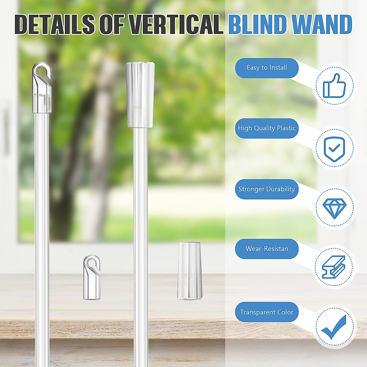 2 Pieces Blind Wand Vertical Blinds Replacement Parts Blind Rod with Hook and Grip Clear Blind Opener Long Window Blind Stick Tilt Rod (12 Inch, Plastic)