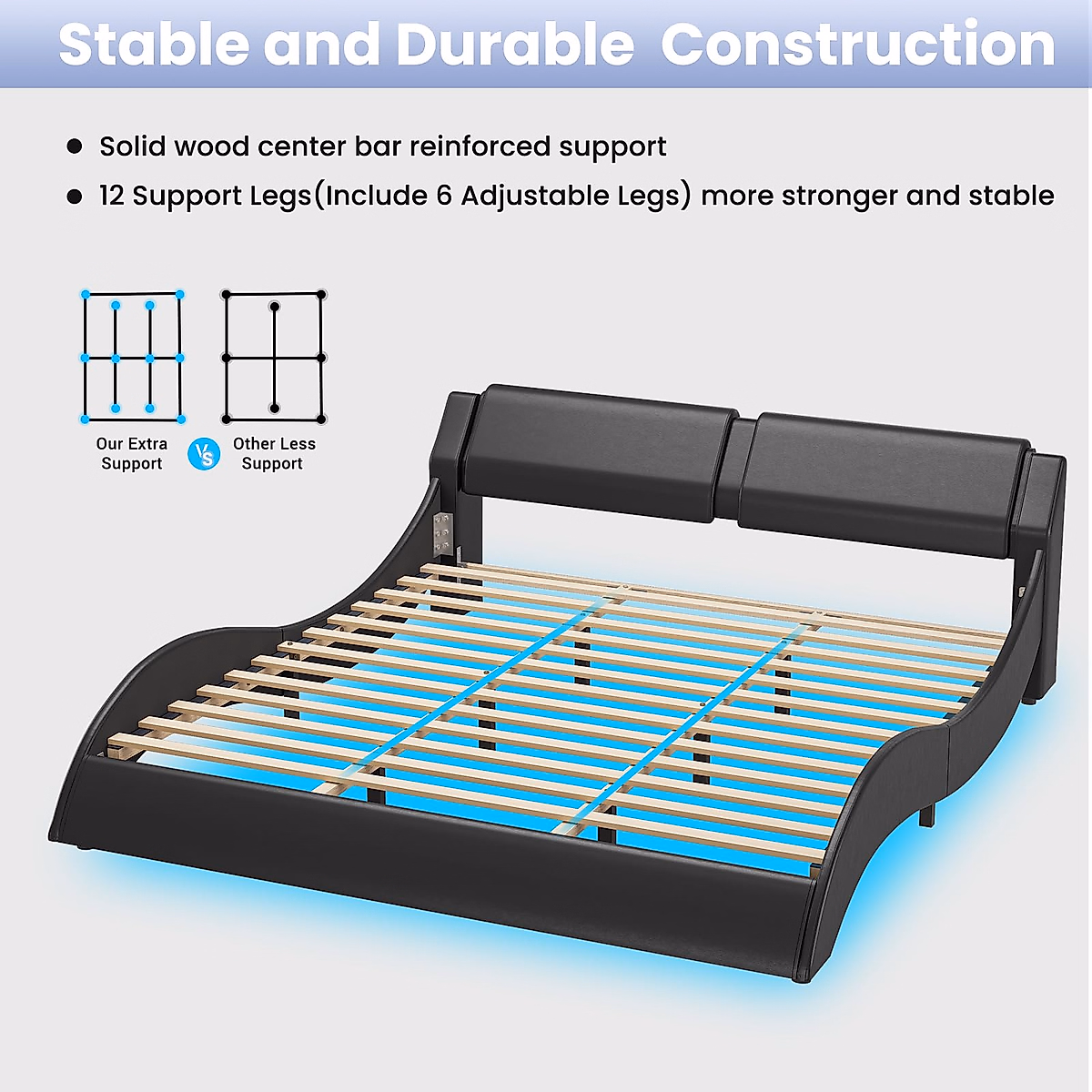 DICTAC King Led Bed Frame Modern Faux Leather Low Profile Platform Bed Frame King Size with RGB LED Lights and Headboard Wave Like Curve King Bed Frame,Wood Slats Support,Easy Assembly,Black