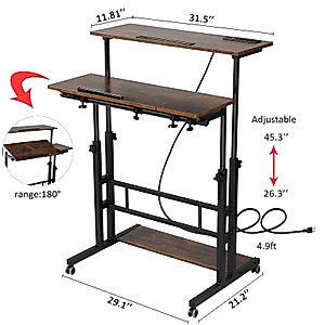 Hadulcet Mobile Standing Desk Adjustable Height, Rolling Desk Stand Up Desk, Mobile Laptop Desk, Rolling Computer Desk with Charging Station, Portable Desk with Wheels, Rustic Brown