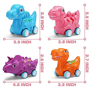 Dinosaur Car Toy for Toddler Girl, Dino Carrier Truck with 4 Mini Cartoon Pull Back Cars with Realistic Lights and Sounds, Pink Girls Toys for Kid Child Baby Age 3 Years Old Birthday Party Gift