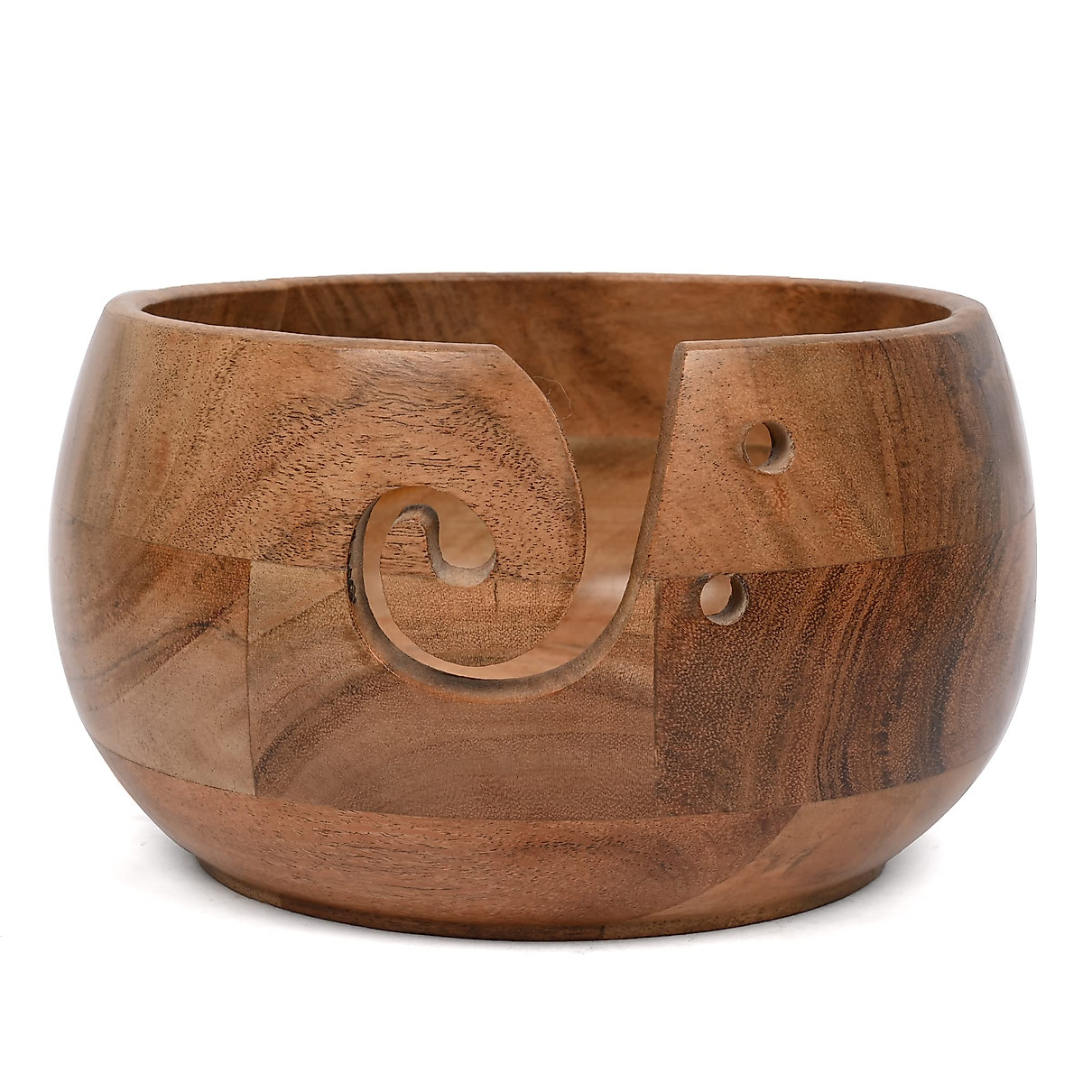 EDHAS Acacia Wood Yarn Bowl Holder | Handmade Holder with Holes | Yarn/Wool/String Storage Accessory (7" x 7" x 4")