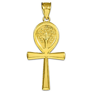 10k Yellow Gold Egyptian Ankh Cross Tree of Life Pendant