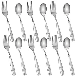 HAKSEN Stainless Steel Toddler Utensils Set, 12PCS Kids Safe Forks and Spoons with Bunny and Puppy Motifs, Mirror Polished & Dishwasher Safe