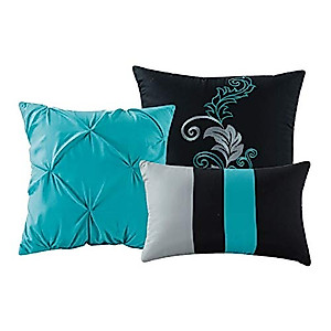 Chezmoi Collection Napa 7-Piece Luxury Leaves Scroll Embroidery Bedding Comforter Set (Queen, Teal Blue/Gray/Black)