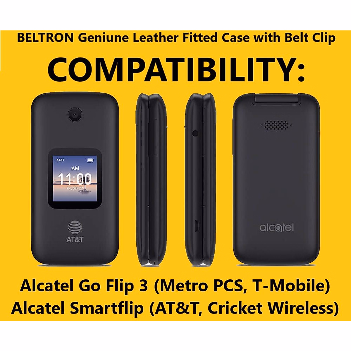 Fitted Leather Case for Alcatel Smartflip/Alcatel Go Flip 3, Features: Rotating Belt Clip, Screen & Keypad Protection, Secure Fit - Smartflip (AT&T Cricket Wireless), Go Flip 3 (Metro PCS T-Mobile)