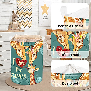 Clastyle 45L Large Green Giraffe Family Kid Laundry Hamper with Handle Collapsible Animal Love Clothes Toy Storage Basket with Lid for Nursery