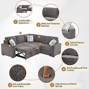 Pull Out Couch Sectional Sleeper Sofa L Shaped Convertible Sofa Bed with 2 USB Ports, 2 Power Sockets and 3 Pillows for Living Room, Bedroom, Office, 83" Brown