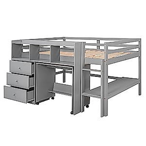 Wooden Full Size Bed Frame Full Size Low Loft Bed with Rolling Portable Desk, Drawers and Shelves, Gray