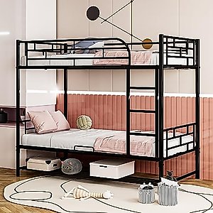 DNYN Twin Over Twin Bunk Bed with Under-Shelf & Ladder for Kids,Adult,Convertible Metal Bedframe,Perfect for Dorm,Bedroom,Guest Room,No Box Spring Needed, Black