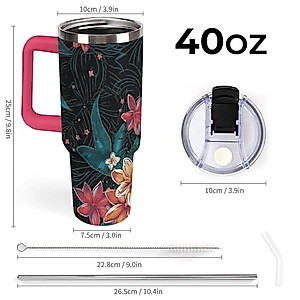 40 Oz Vacuum Tumbler with Light Rose Red Handle Leakproof Insulated Tumbler Surfboard And Flowers Stainless Steel Travel Mug with Lid And Straw Coffee Cup Cute Water Bottles Cup Holder Friendly