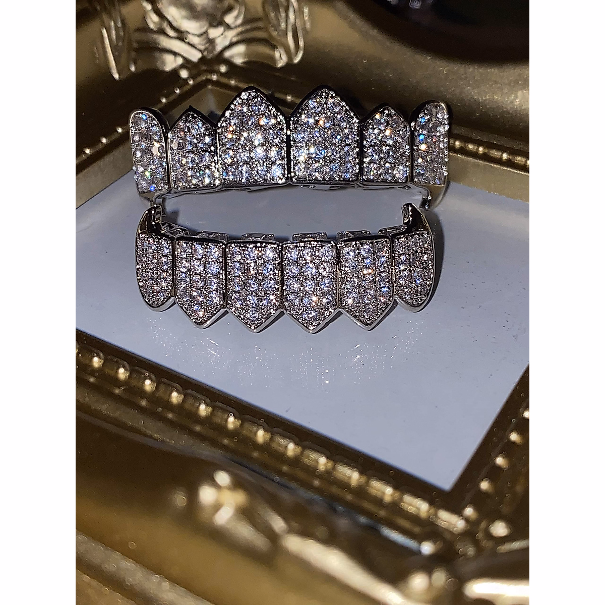 18K White Gold Plated CZ Cluster Custom Slugs Top Bottom GRILLZ Fangs Mouth Teeth Grills Set - Grillz, Teeth Cap, Iced Out Grillz (Top & Bottom Set)