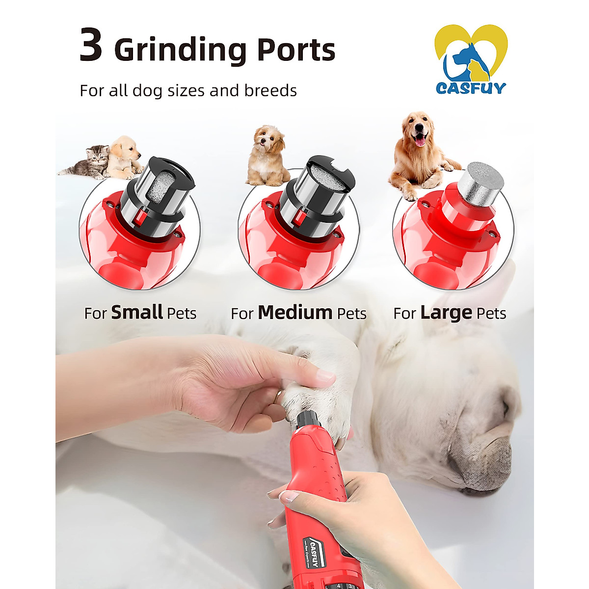 Casfuy Dog Nail Grinder Quiet - (45db) 6-Speed Pet Nail Grinder with 2 LED Lights for Large Medium Small Dogs/Cats, Professional 3 Ports Rechargeable Electric Dog Nail Trimmer with Dust Cap(Red)