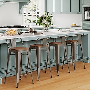 24" Low Back Metal Counter Stool Height Bar Stools with Wooden Seat [Set of 4] for Home Kitchen Barstools