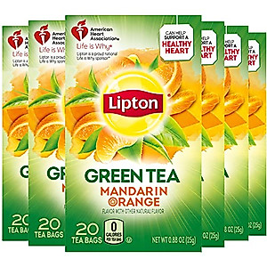 Lipton Green Tea Bags Flavored with Other Natural Flavors Mandarin Orange Can Help Support a Healthy Heart 1.13 oz 20 Count, Pack of 6