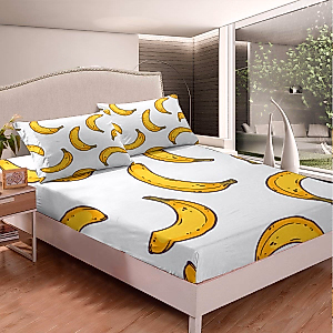 Erosebridal Banana Fitted Sheet, Kids Girls Fruit Food Theme Bedding Set, Cartoon Banana Bed Sheet Twin Size for Children Boys Teens, Tropical Botanical Fitted Bed Sheets 2 Pcs with 1 Pillow Case