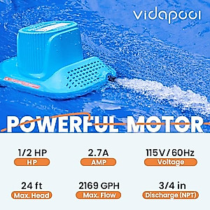 Vidapool Pool Cover Pump Automatic On Off,1/2 HP Submersible Water Pump, 2169GPH Sump Pump Inground/Above Ground with 25 Feet Power Cord for Swimming Pool Draining, Hot Tub, Basement, Window Well