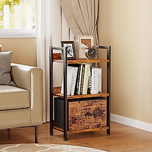 Furologee 3 Tier Bookshelf with Drawer, Small Bookcase with Shelves, Short Wood and Metal Book Shelf Storage Organizer, Industrial Freestanding Shelf Units for Bedroom, Living Room, Dorm, Rustic Brown