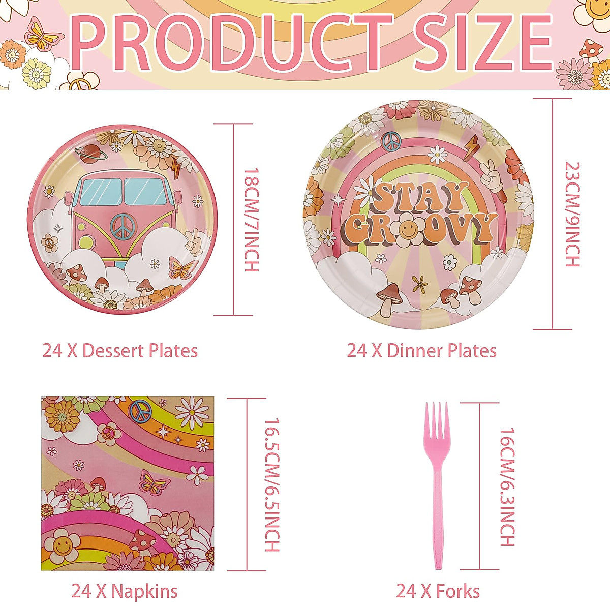 Grencian 96Pcs Groovy Birthday Party Decorations Hippie Tableware Set Daisy Hippie Paper Plates and Napkins for Girls Boys One Two Groovy Birthday Party Supplies Retro Boho Bachelorette Baby Shower