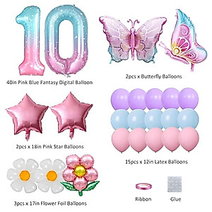 17pcs Girl's Ten Birthday Digital Butterfly Balloon Set Colorful Gradient Pink Butterfly Foil Balloon Giant Number 10 Balloon Flower Party Decorations