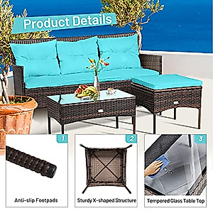 RELAX4LIFE 3 Pieces Patio Furniture Sectional Set, Rattan Wicker Conversation Set W/ 5 Cozy Seat & Back Cushions, Tempered Glass Coffee Table for Poolside, Backyard Outdoor Furniture (Turquoise)