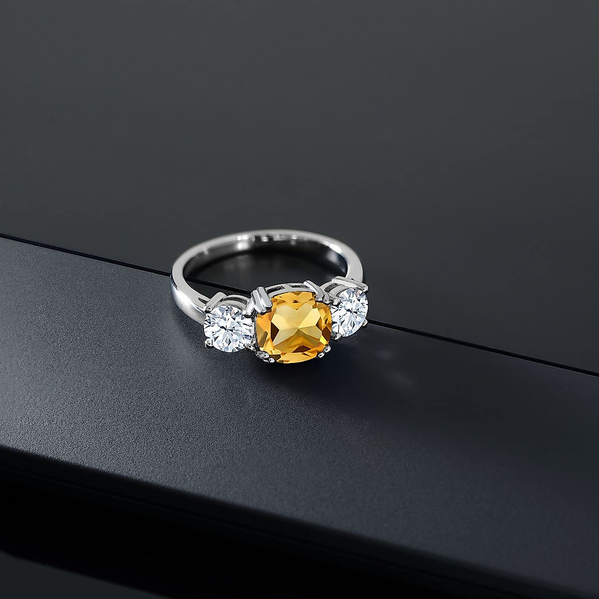 Gem Stone King 925 Sterling Silver Yellow Citrine 3 Stone Engagement Ring For Women | 4.50 Cttw | Gemstone November Birthstone | Cushion 8MM | Available in Size 5,6,7,8,9