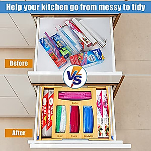 Expandable Ziplock Bag Storage Organizer - 8 IN 1 Foil and Plastic Wrap Dispenser with Cutter, Kitchen Drawer Organizer for Gallon, Quart, Sandwich & Snack Bag, 12.9" Aluminum Foil, etc