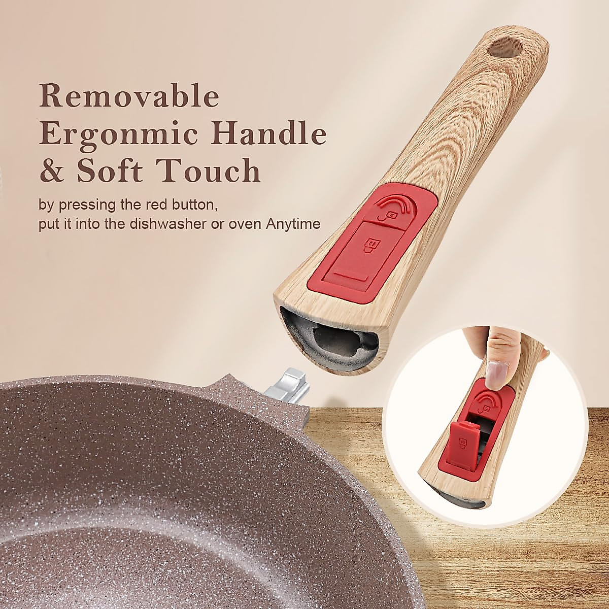 AIKENBBKK Nonstick Ceramic Deep Frying Pan, 10 Inch Healthy Frying Pan Skillet with Removable Handle, Oven& Dishwasher Safe, PFAS PFOA & PTFE Free (Brown)