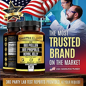 Earth Elixir 3-in-1 Bee Pollen Organic 840mg (180 Caps) W/ 840mg Bee Propolis Capsule & 840mg Royal Jelly Capsule - 3rd Party Tested - Bee Pollen Supplement - Organic Bee Pollen Capsule -No Fillers
