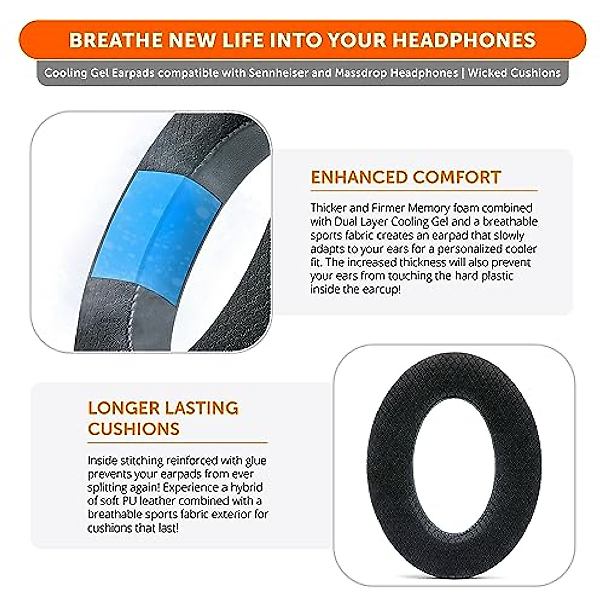 WC Freeze PC38X - Cooling Gel Earpads for Sennheiser PC38X / PC37X / HD599 / HD598/ HD560S / Game ONE & More, Made by Wicked Cushions - Elevate Comfort, Durability, & Sound | Black