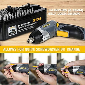 RIDA Cordless Screwdriver 4V Electric Screwdriver Rechargeable Screw Gun Kit w/10+1 Torque & 2 Position Handle, 3 LED work indicator & LED flashlight, 58pcs Accessories and Tool Box New Year presents