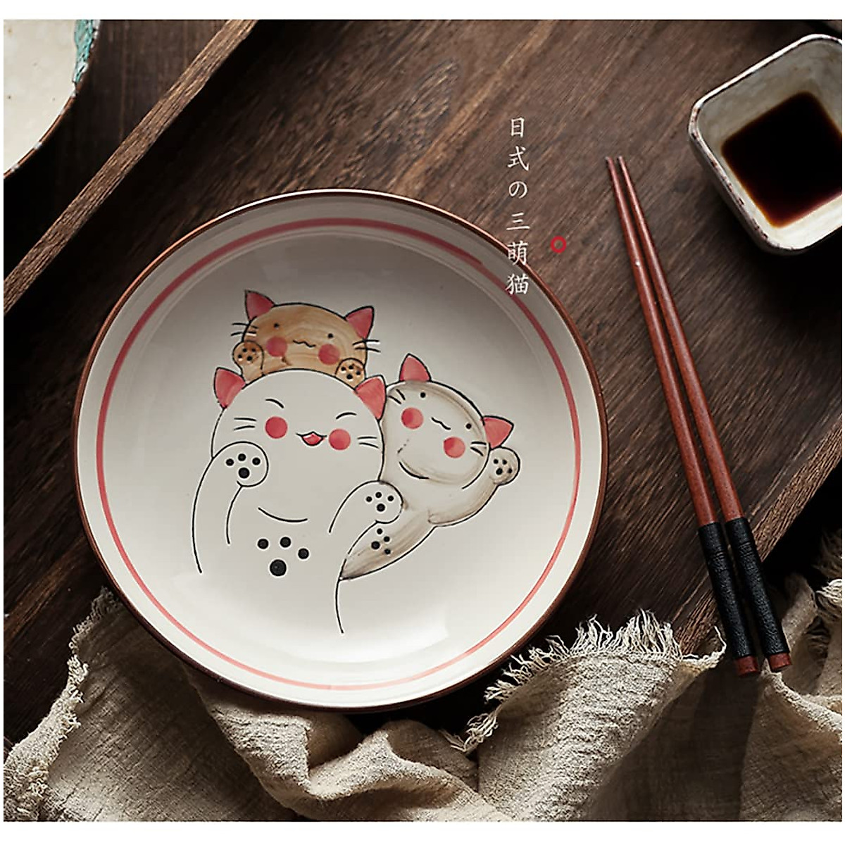 LAKistagu White Pasta Serving Bowls 24 Ounce,White Ceramic Cute Japanese Salad Dinner Bowl Plates.8 Inch Porcelain Pasta Shallow Bowl Deep Plate.(Round Cat)