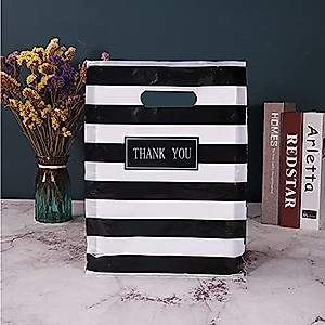 Thank You Merchandise Bags,Daarcin 100pcs 12x16in Shopping Bag,Black and White Stripes Die Cut Plastic Bags with Handle for Boutique,Party,Goodie Bags,Stores,Clothes, Reusable Retail Bags for Bussiness