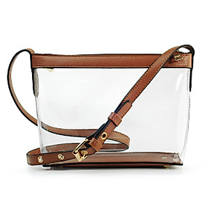 Clear Zipper Cross Body Bag with Vegan Leather Trim (Brown) Small