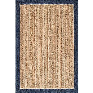 Rangneel Handloom Beige with Blue Border Handmade Rustic Rectanglular Jute Rug (8x11 Feet)