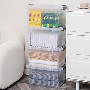 Citylife 33 QT Plastic Storage Bins with Secure Lids Stackable Storage Containers with Grey Latches Pack of 4 Clear Storage Box for Organizing Closet, Garage