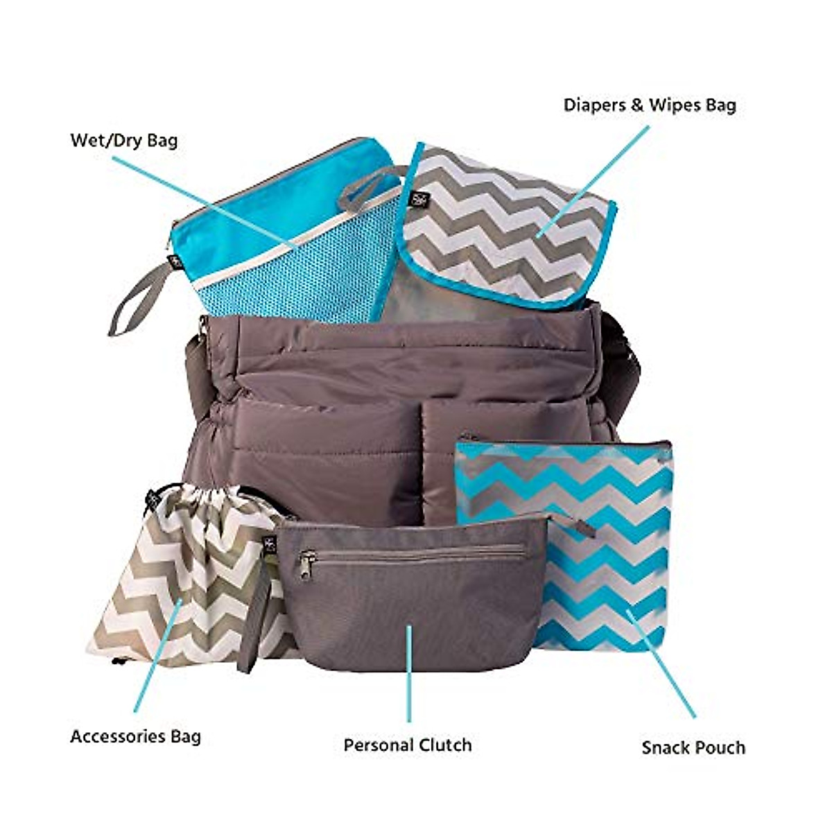 J.L. Childress Diaper Bag Organizer - Set of 5 Pouches - Organizing Pouches for Diaper Bag, Purse, Backpack - Clutch with Wrist Strap, Wet Bag, Food Pouch and More - Grey/Chevron