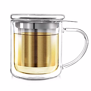 Teabloom Single-Serve Tea Maker - Double Wall Glass Cup with Infuser Basket and Lid for Steeping, Solista Brewing Mug (8 OZ)
